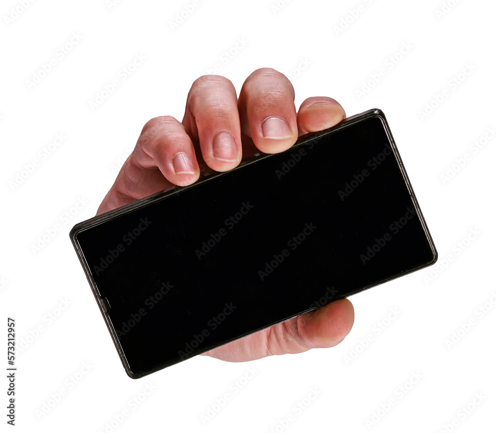 Hand hold smartphone isolated on transparent layered background. Stock ...