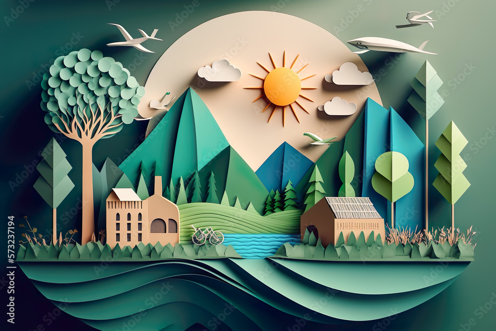 Paper art , renewable energy with green energy as wind turbines ...