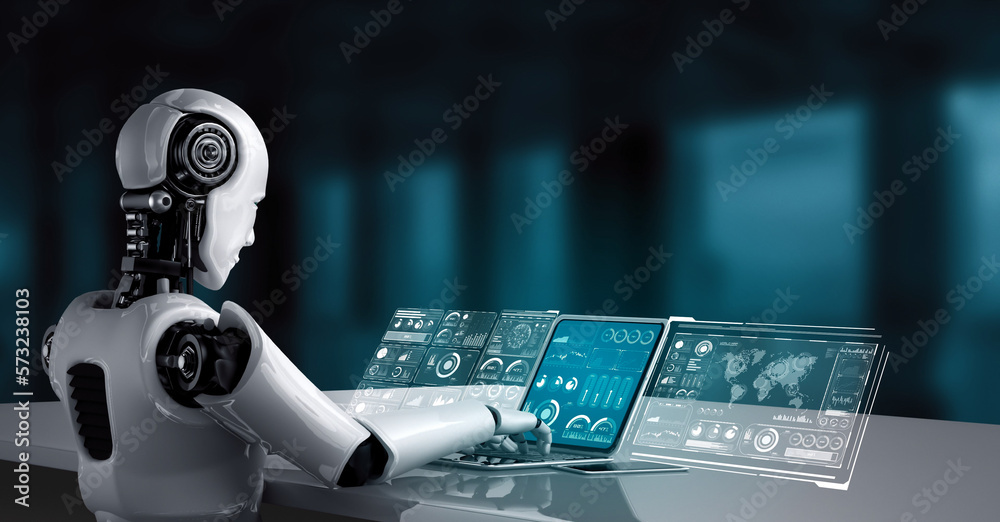 Robot hominoid use laptop and sit at table for big data analytic using ...