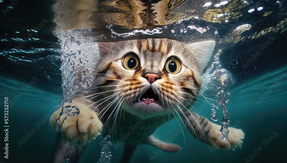 Cat underwater diving in aquarium with turquoise water, funny surprised ...