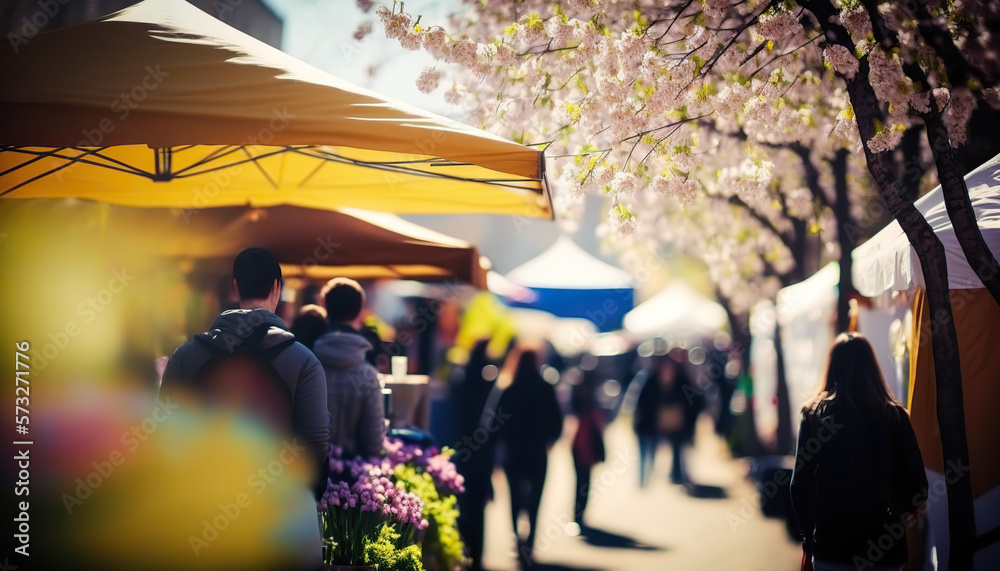 Abstract street fair blurred background, outdoor backdrop with copy ...