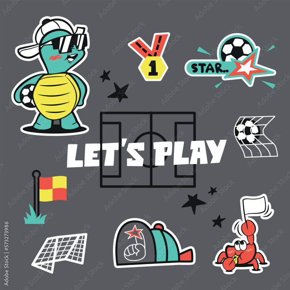 Set of cute turtle soccer player cartoon stickers on isolated ...