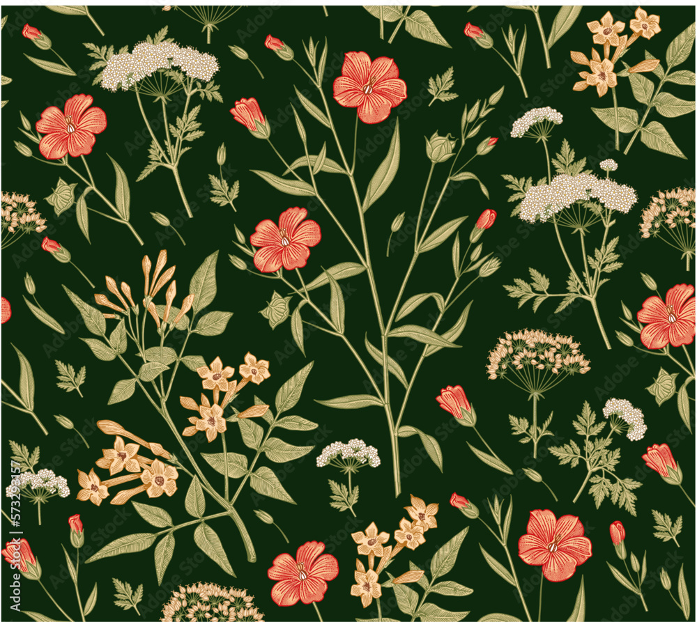 Seamless pattern Linum Flax Jasmine Hemlock tree wildflowers. Beautiful ...