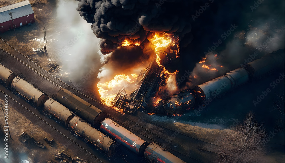 Ilustración de Stock Wagons freight train carrying hazardous substances derailed, tanks burning ...