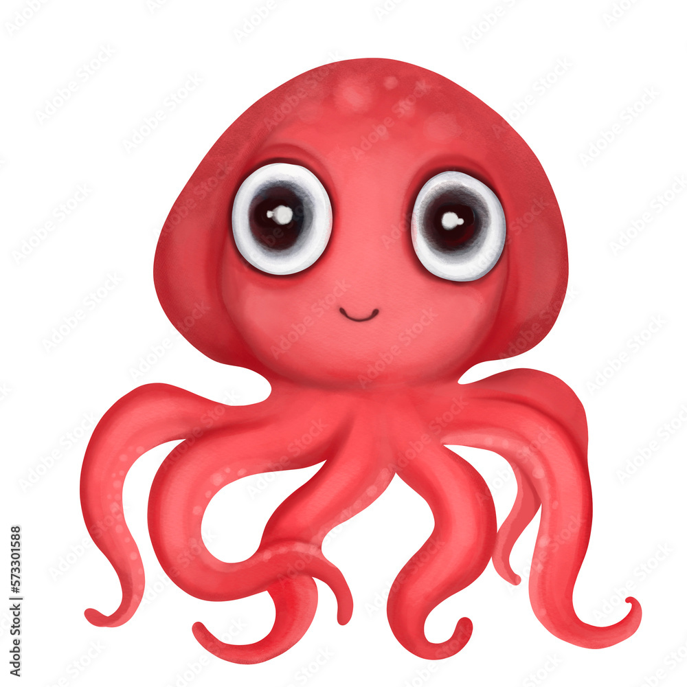 Cute baby red octopus illustration. Hand drawn watercolor illustration ...