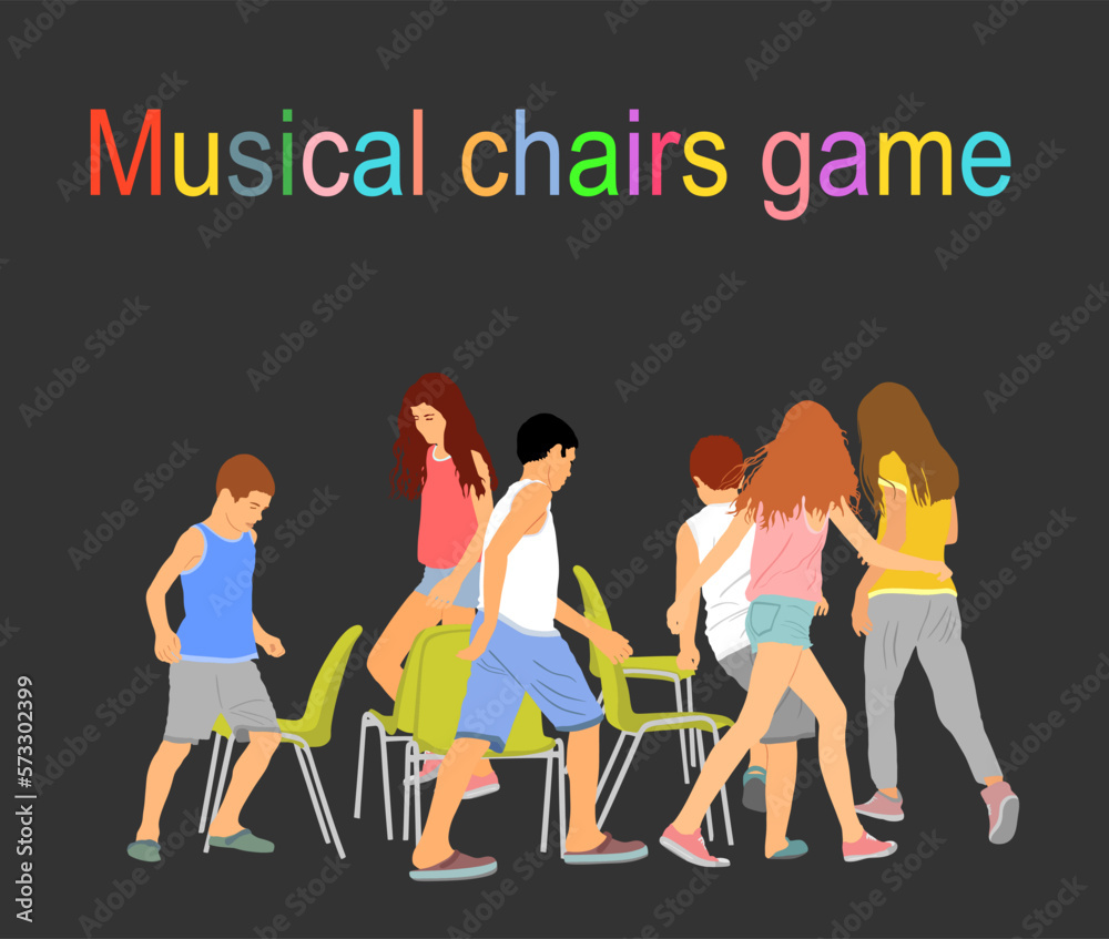 Children playing musical chairs game vector illustration isolated on ...