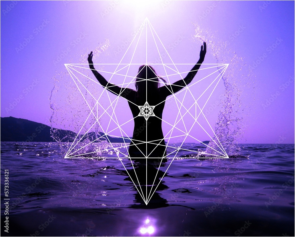Celebrating life - Woman silhouette and sacred geometry Stock Photo ...