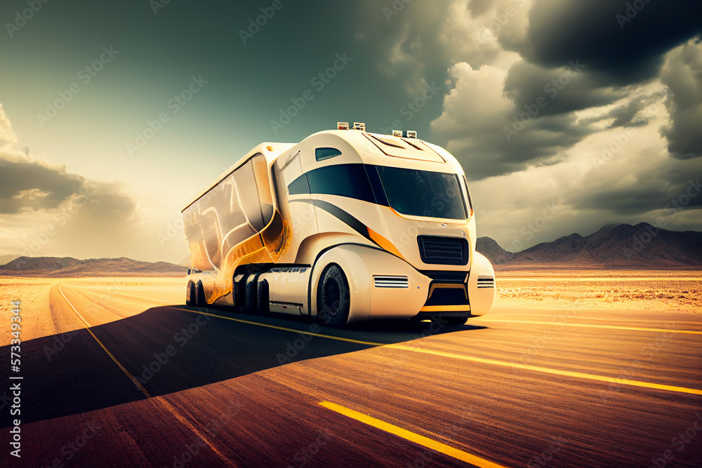 Electric semi truck. EV Truck with Semi-trailer on highway. EV Semi ...