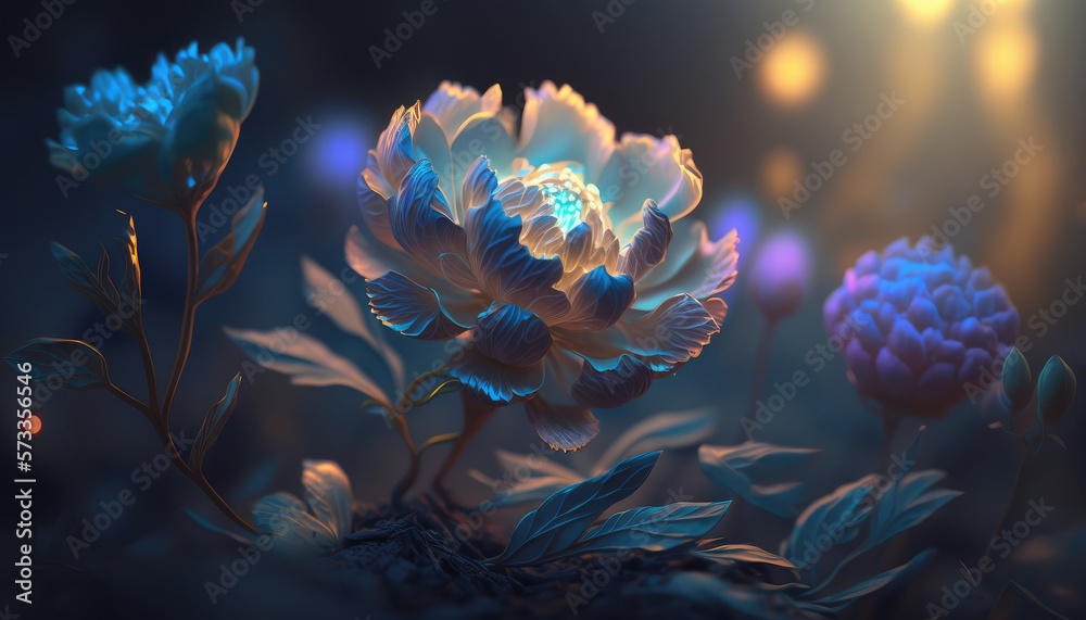 Yndall light effects accentuate beautiful light blue peony flowers in a ...
