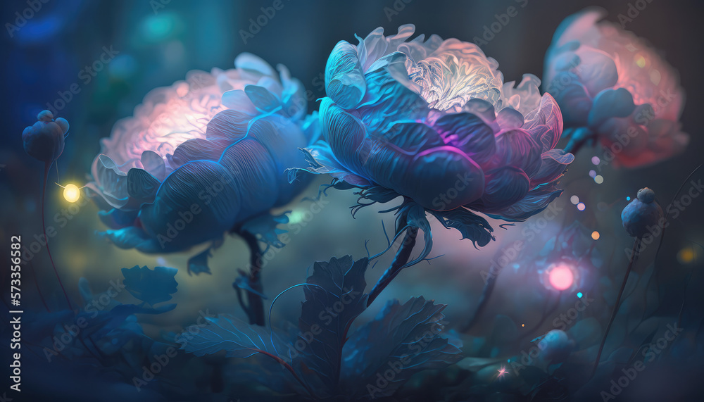 Yndall light effects accentuate beautiful light blue peony flowers in a ...
