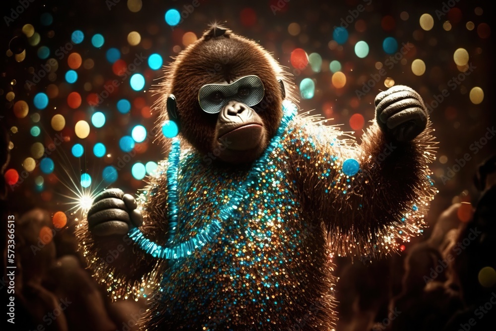 Monkey in a disco-inspired costume rocking out, concept of Dance and ...