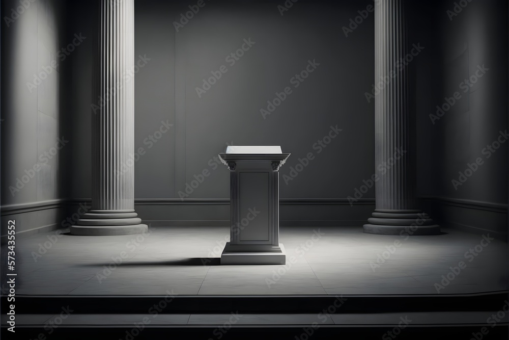 White marble Podium/Dias in the center of a white marble room with a ...
