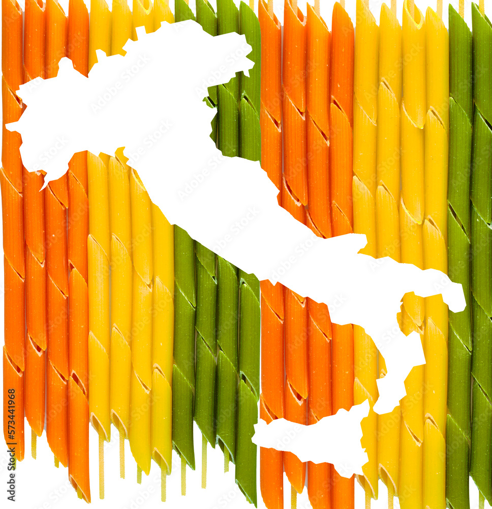 Map of Italy on the background of penne pasta in the color's of the ...