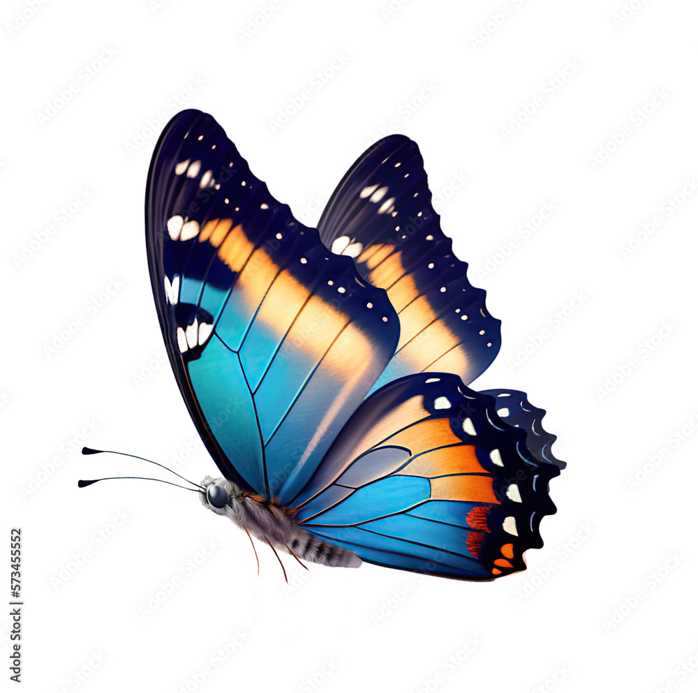 Very beautiful blue yellow orange butterfly in flight isolated on a ...