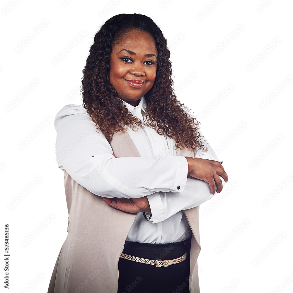 A plus size female boss or a manager posing with her hands crossed and ...