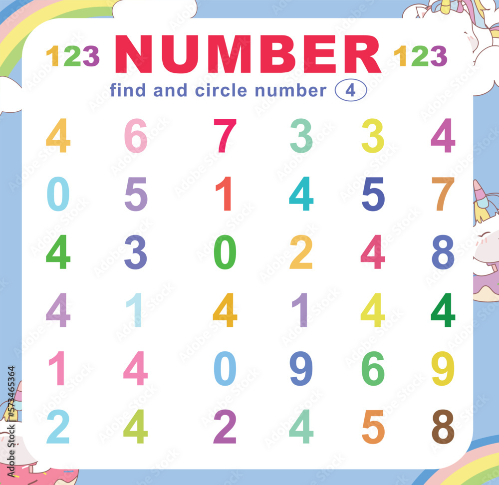 Search and circle the number on the worksheet. Exercise for children to ...