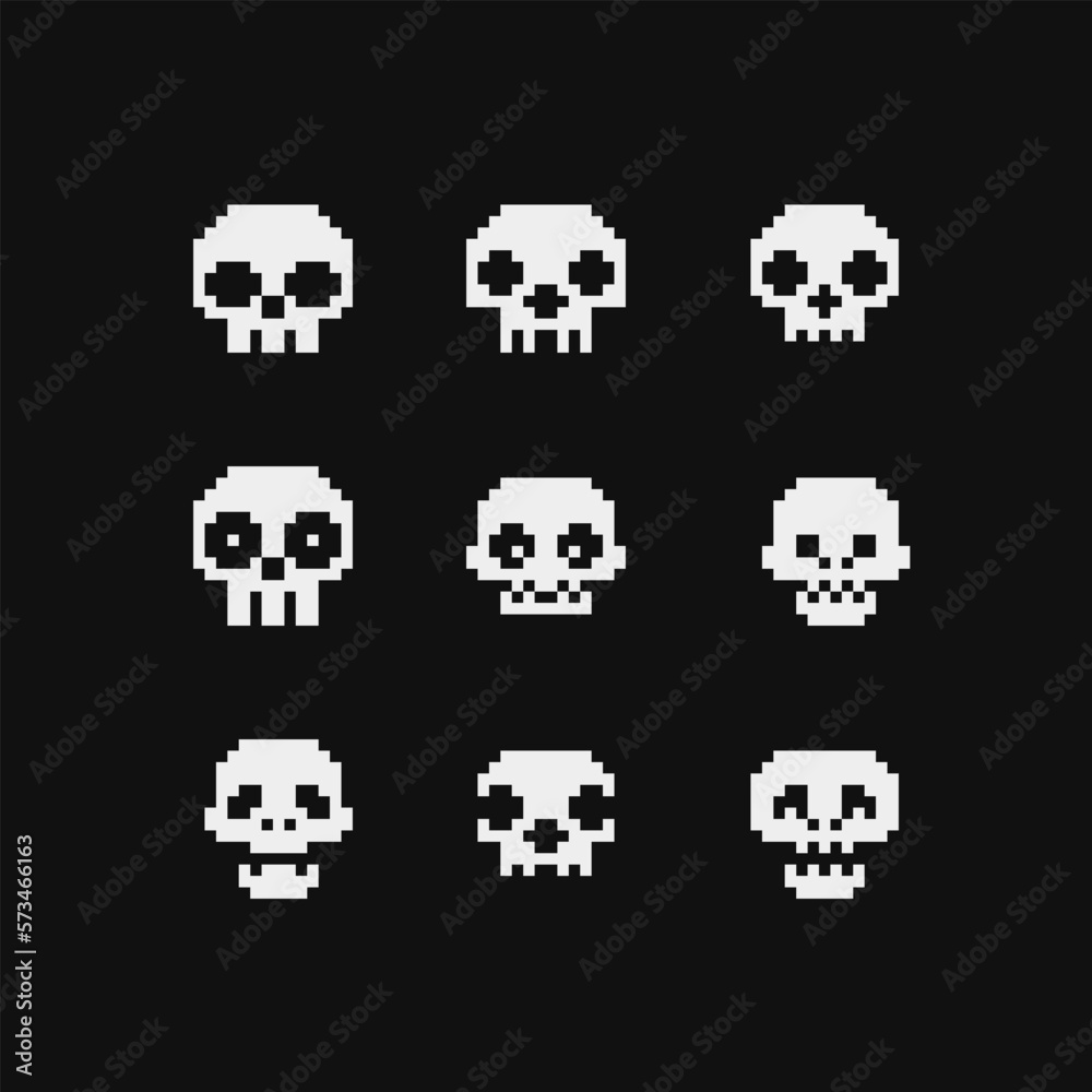 Human skull pixel art icons set, isolated on white background vector ...