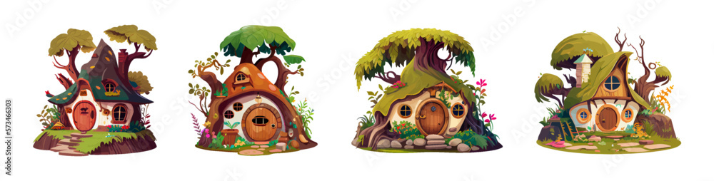 เวกเตอร์ Stock Hobbit house set. Vector illustration of a hobbit house ...