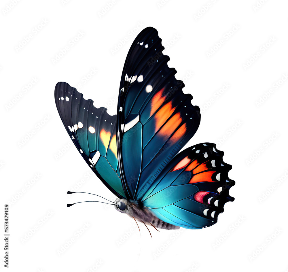 Very beautiful blue orange butterfly in flight isolated on a ...