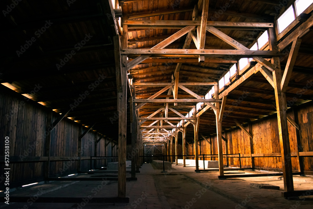 Auschwitz - Birkenau concentration camp. Rebuilt empty barracks ...