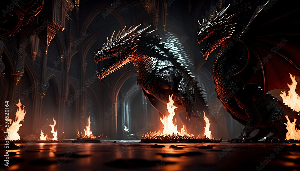 Dragon hall in a dark fantasy castle. AI Art. Stock Illustration ...