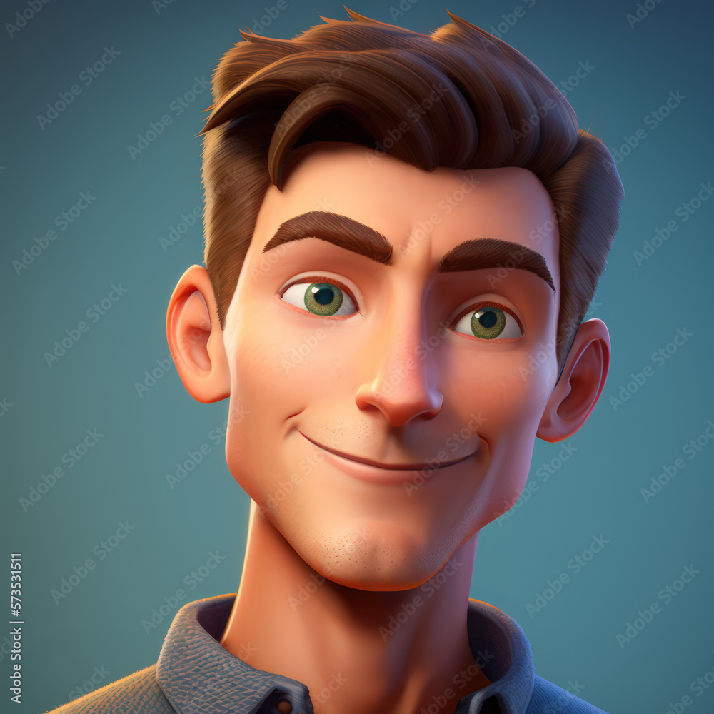 Cartoon Close up Portrait of Smiling Brunette Attractive Young Man ...