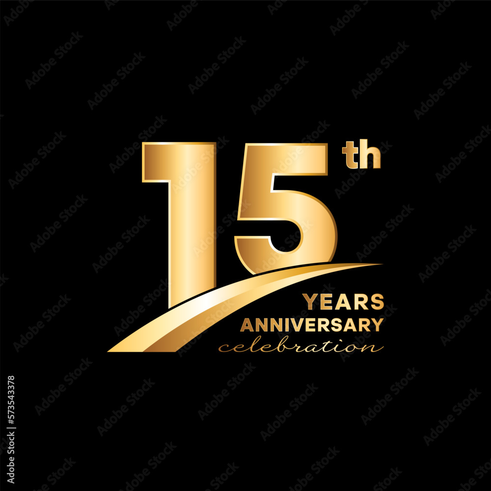 15th Anniversary. Anniversary logo design with golden number and text ...