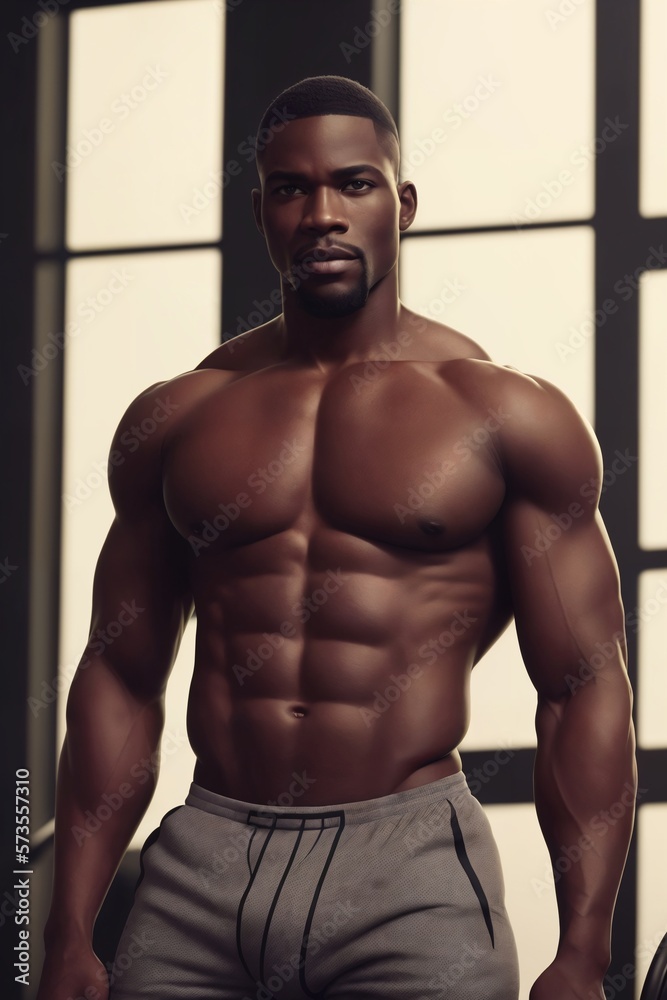 A dark-skinned man with a muscular body, shirtless poses for a photo in ...
