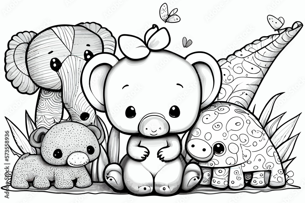 Cute animal. Coloring book page for children. Black and White Cartoon ...