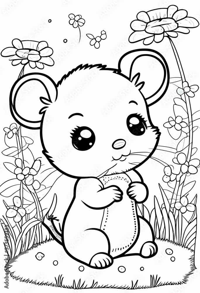 Cute mouse animal. Coloring book page for children. Black and White ...