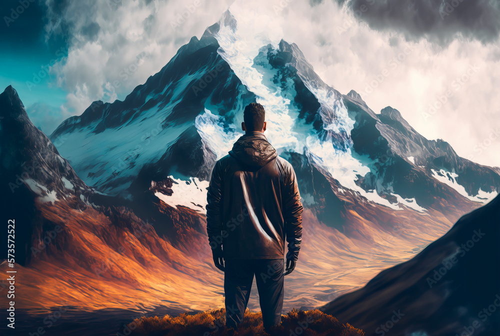 Person looking at the mountain range in awe, illustrating the majesty ...