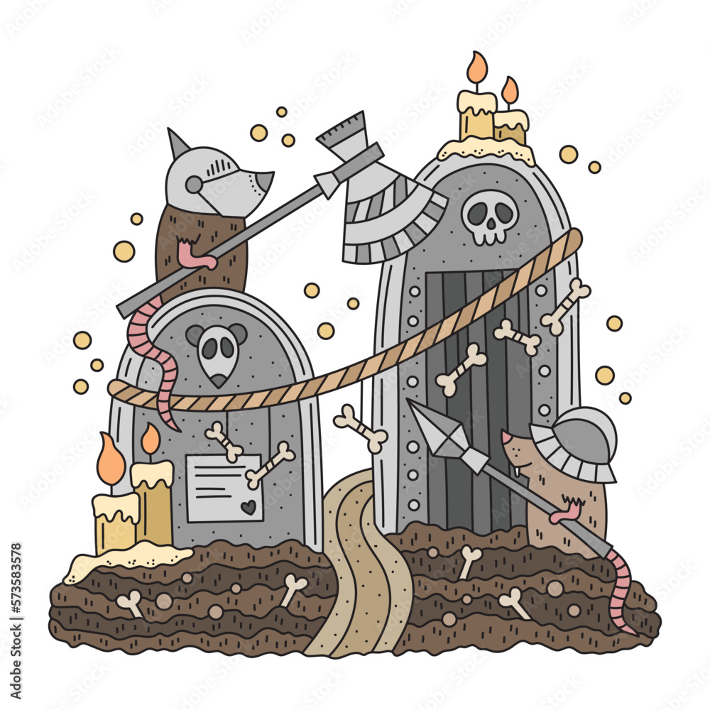 Little medieval knights rats defending a graveyard tombstone. Funny ...