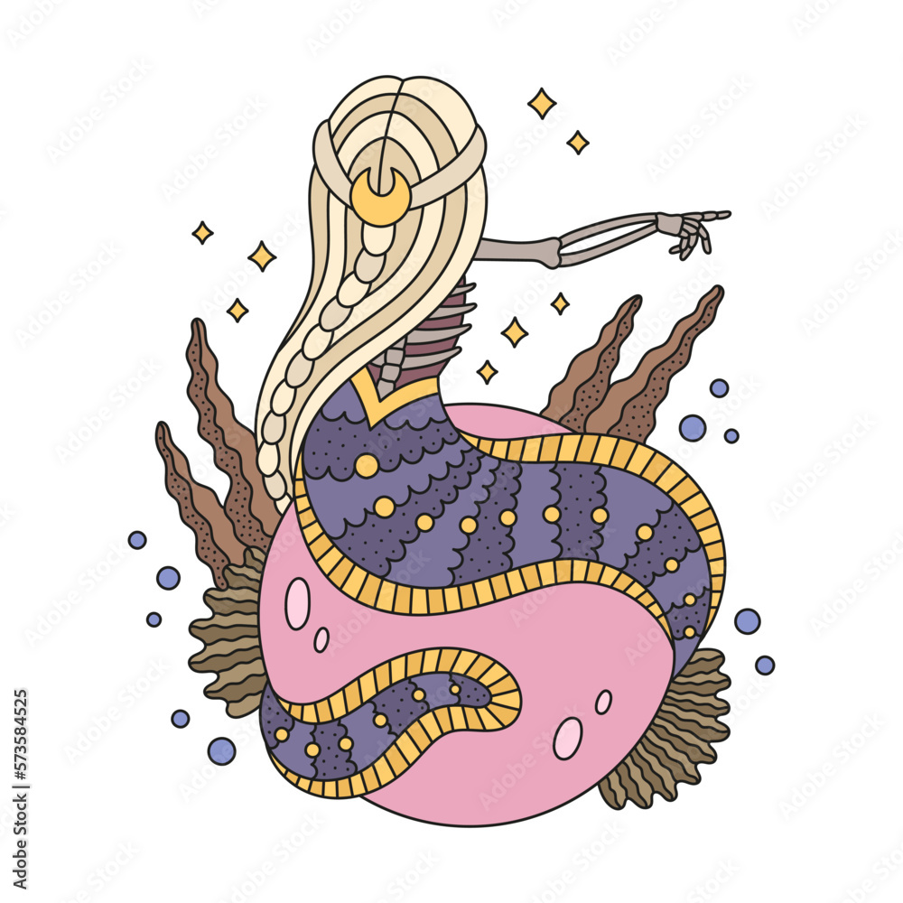 Fortune teller mermaid. Cute skeletone moon creature. Pink magic ball ...