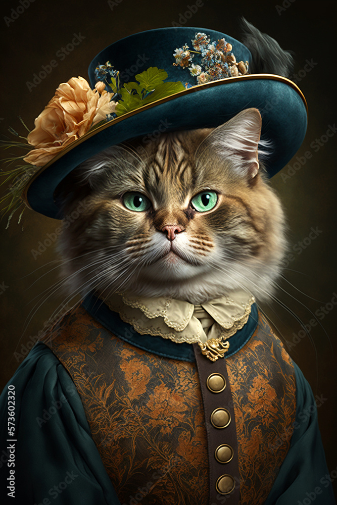 Cat dressed in vintage clothes in Victorian style, portrait in the ...