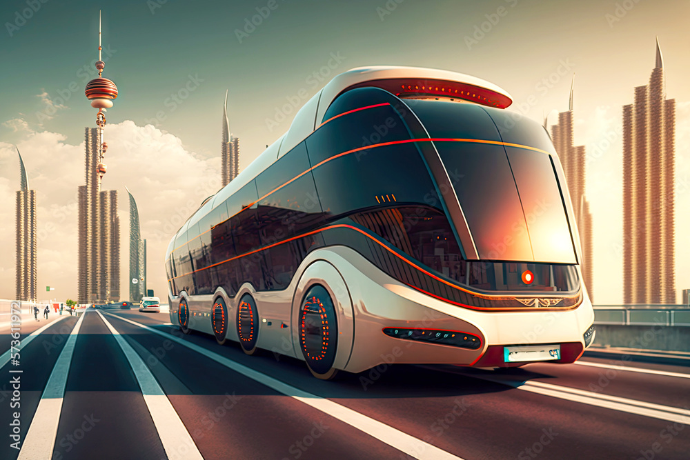 futuristic robot-like bus on highway with traffic autonomous city ...