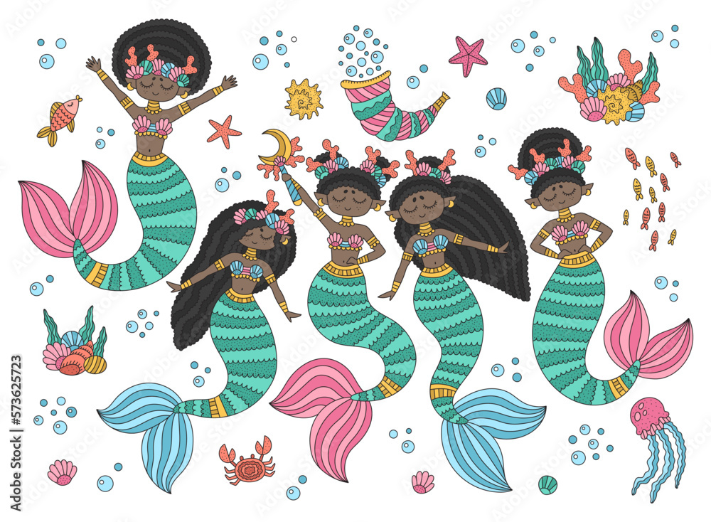 Set of cute black skin mermaids. Cute little sea princess. Girls ...