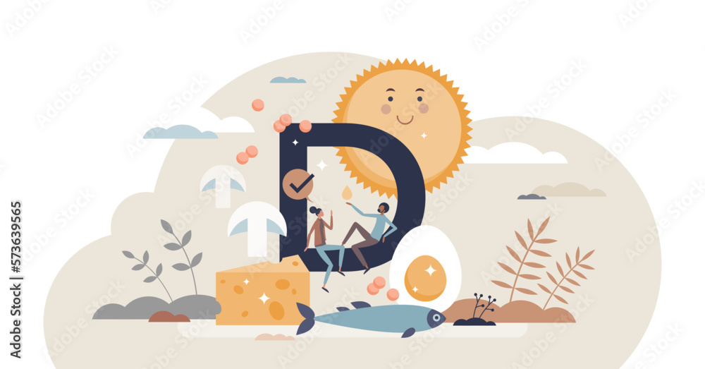 Vitamin D sources with food supplements and sun light tiny person ...