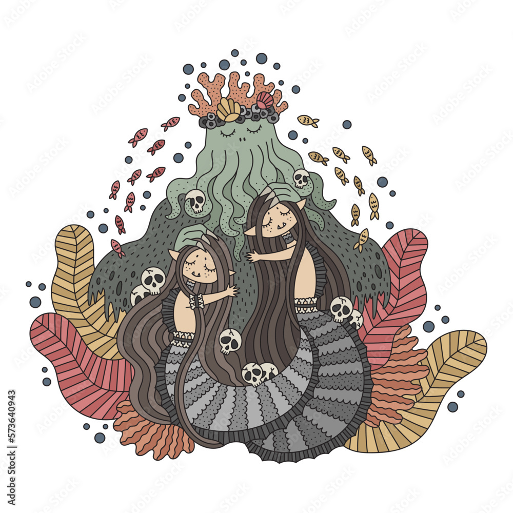 Sea god with tentacles on face with his daughter little mermaids ...