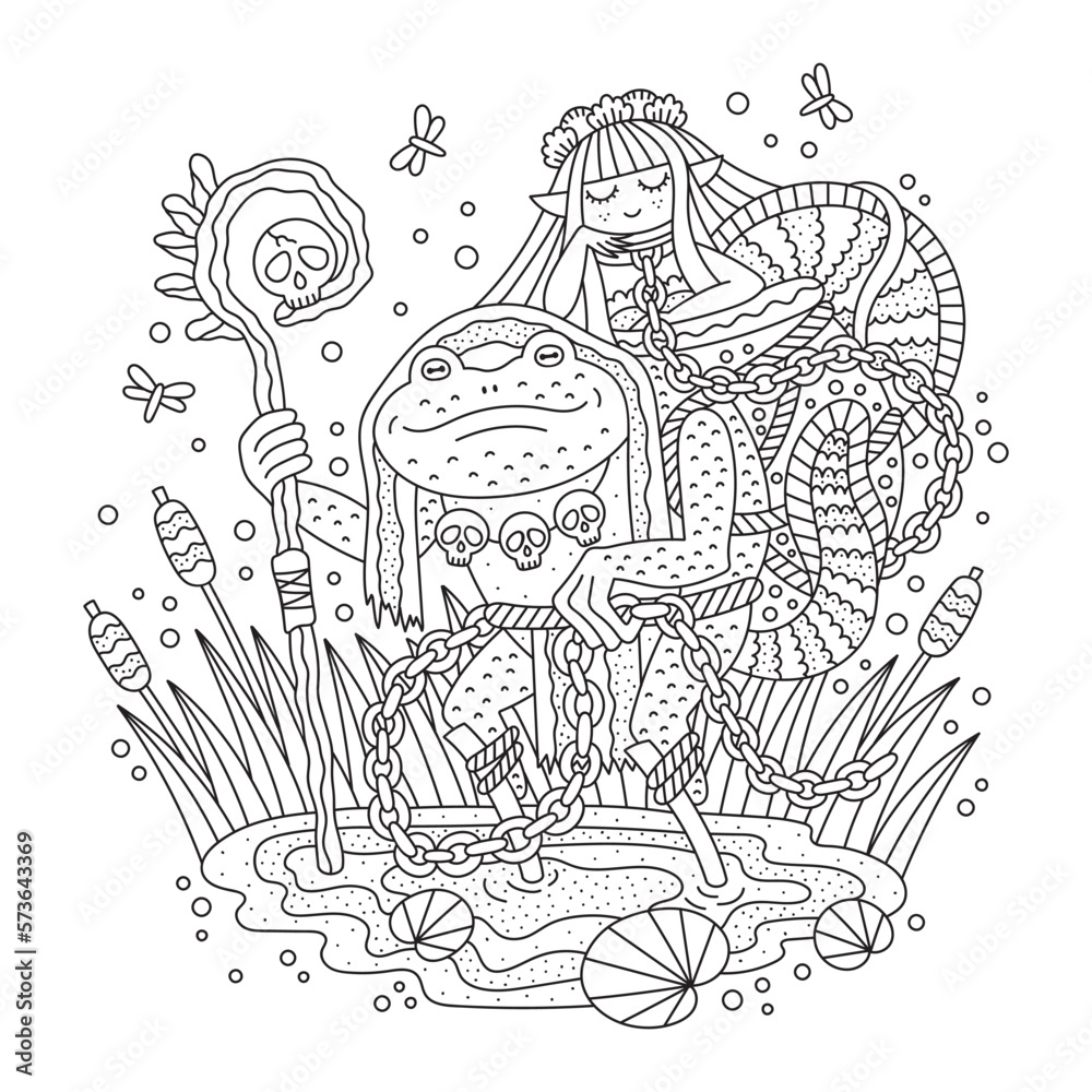 Big evil toad and cute little mermaid prisoner. Frog and underwater ...
