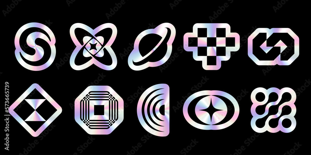 Holographic y2k retro stickers. Vector labels of different shapes with ...