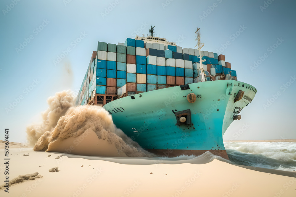 Container cargo ship accident crash sandy canal. Concept Global problem ...