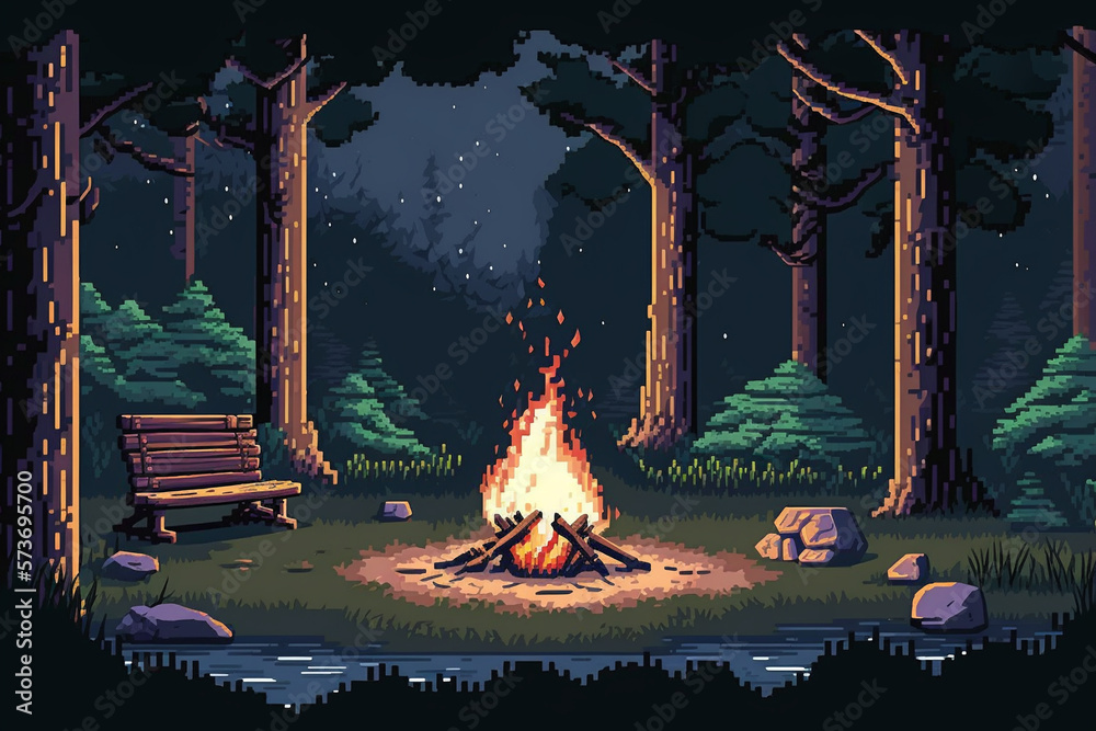 Pixel art game background with a camp fire in the forest. Generative AI. Stock Illustration ...
