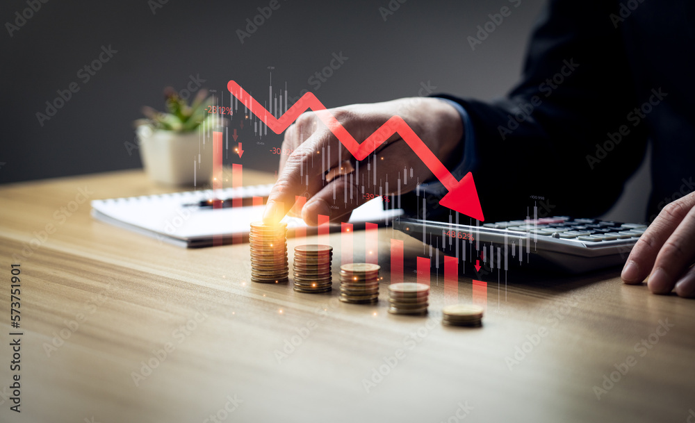 Economic collapse concept, businessman with falling financial graph ...