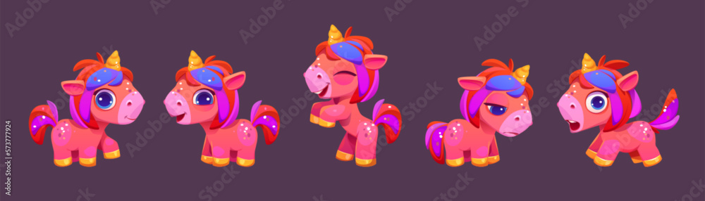 Set of cute rainbow unicorns isolated on background. Vector cartoon illustration of nice pony ...