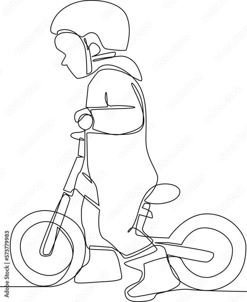 Continuous one line drawing happy cute little kid boy riding bicycle ...