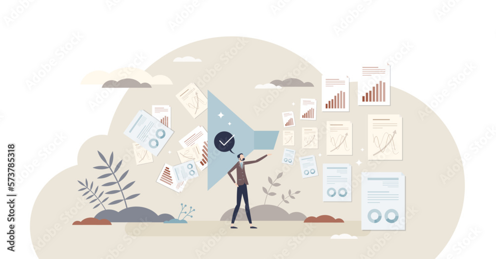 Data wrangling and information sorting with right order tiny person concept, transparent ...