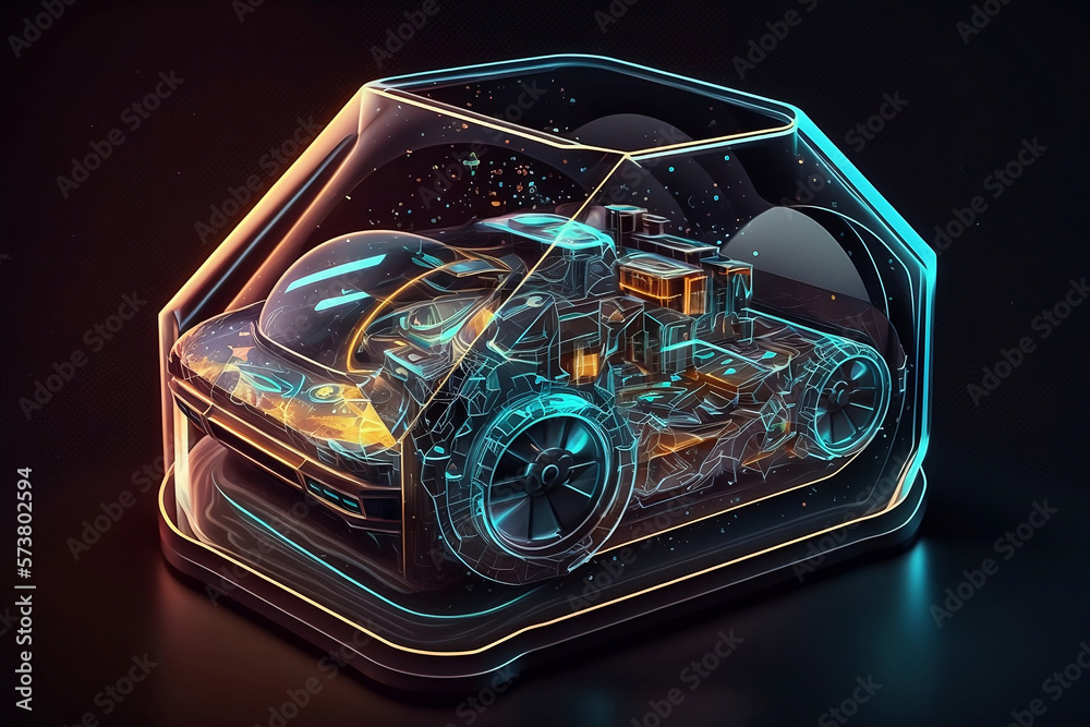 Concept of smart car technology. Car isometric hologram, in HUD style ...