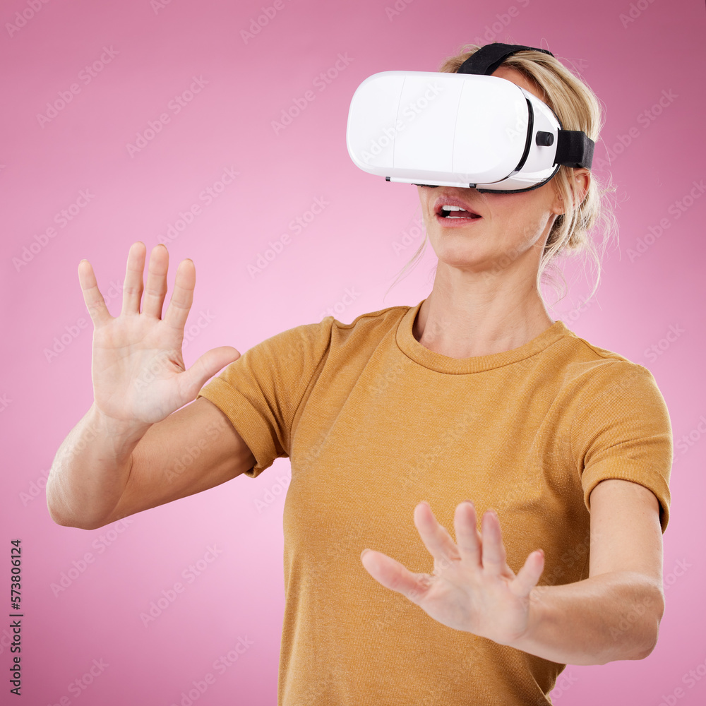 Scared woman, vr glasses and metaverse for future technology, gaming ...