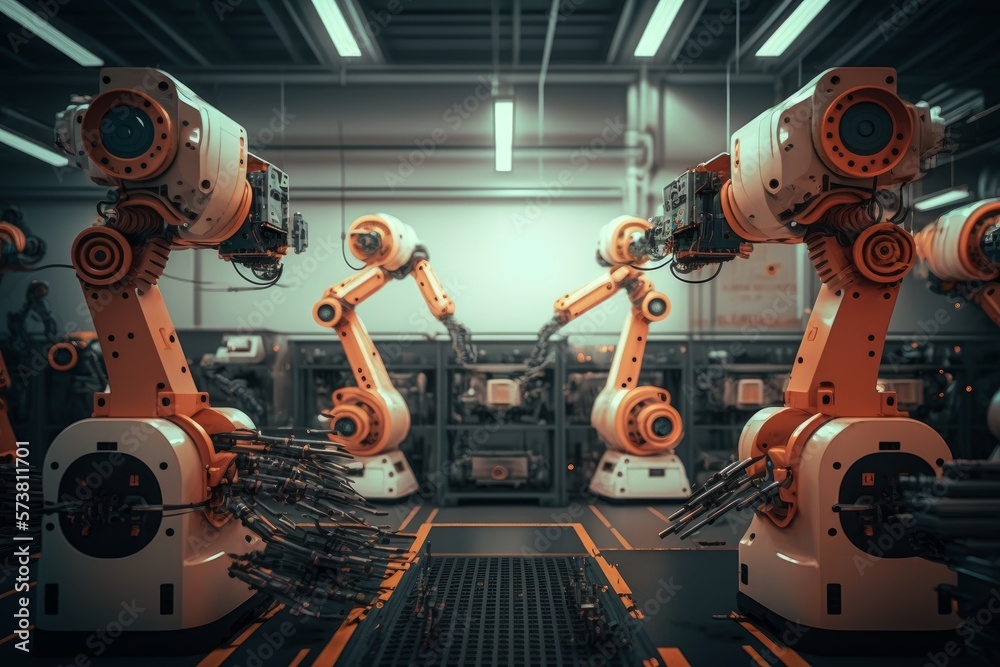 Ilustración de Stock Robots in a high-tech factory. Advanced automation ...