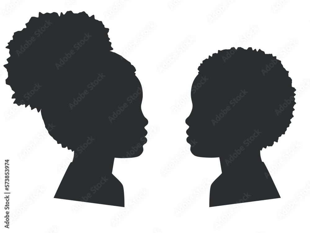 Silhouettes of afro kids faces. Outlines boy and girl in profile ...